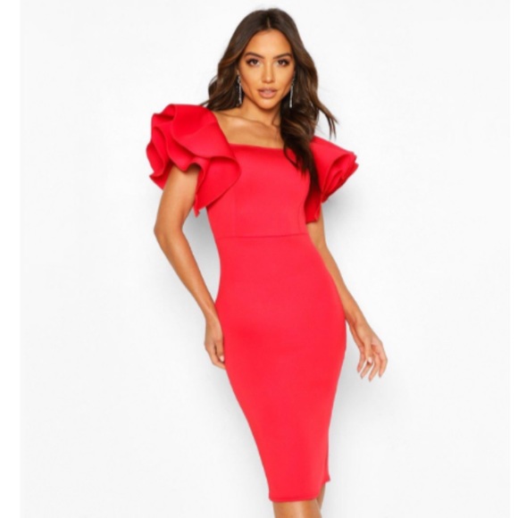 Boohoo | Dresses | Midi Dress With Ruffled Sleeves | Poshmark